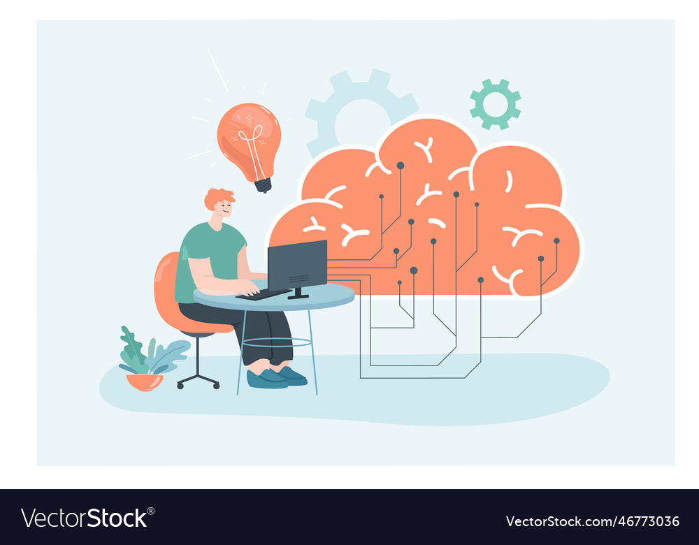 Programmer working with digital brain and computer