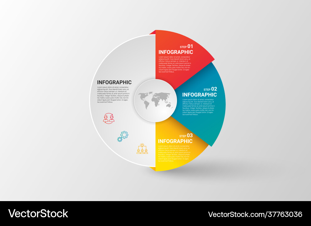 Round pie chart divided into 3 colorful parts Vector Image