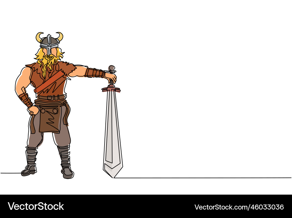 Single one line drawing male viking with strong Vector Image
