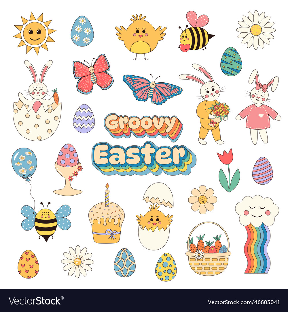 Groovy hippie easter set easter eggs bunnies Vector Image