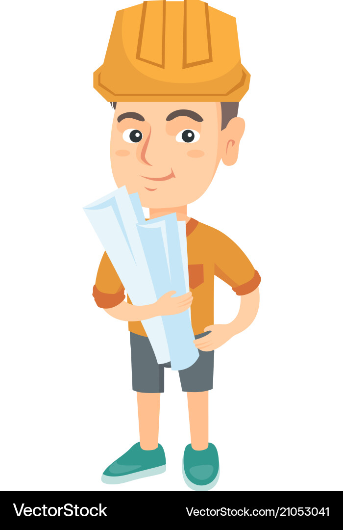 Little caucasian engineer boy holding paper plans Vector Image