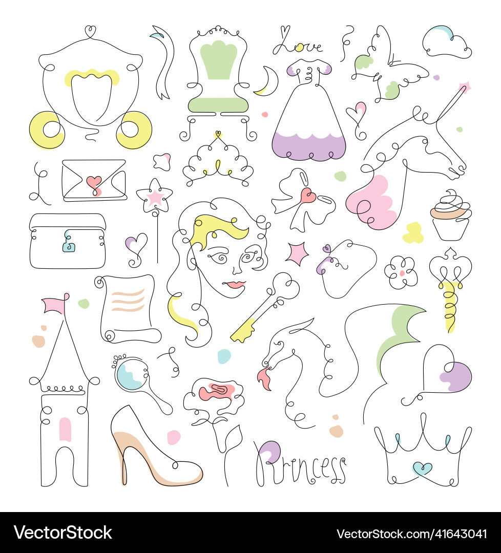 Set of princess attributes in linear style Vector Image