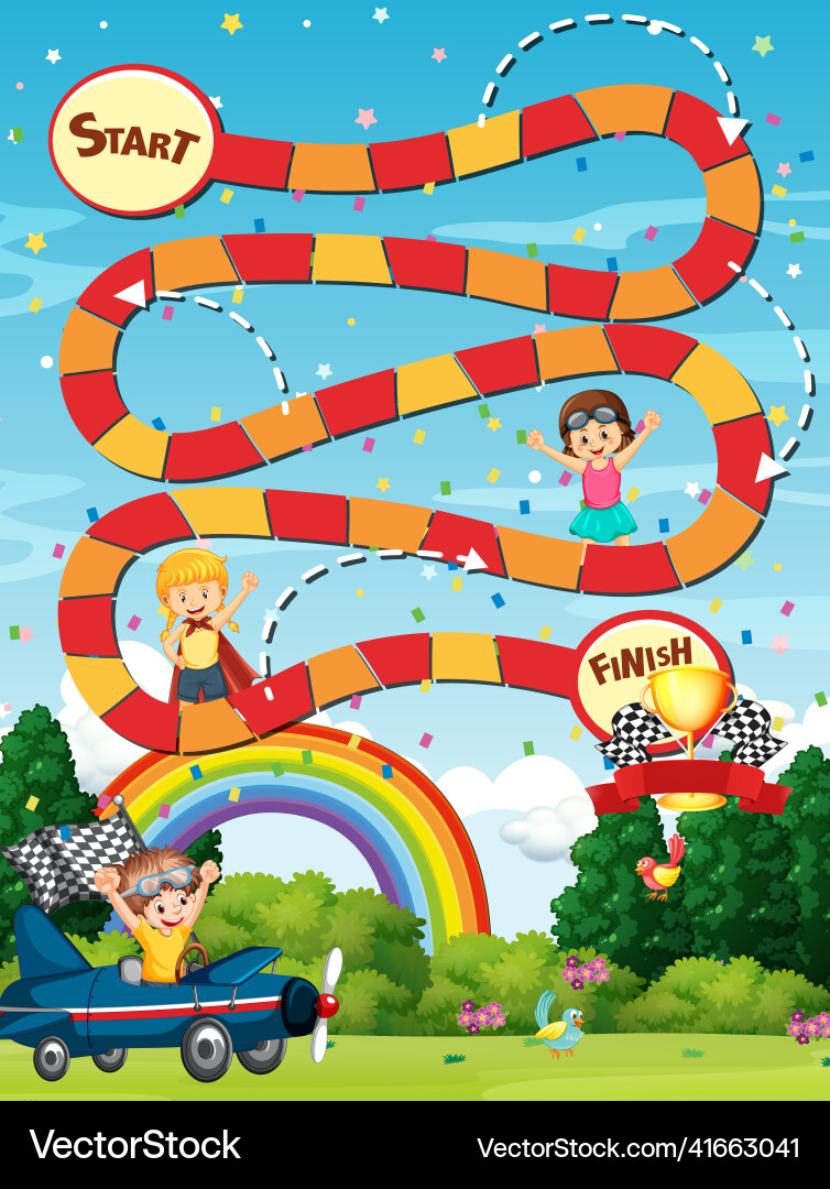 Snake and ladders game template with children Vector Image