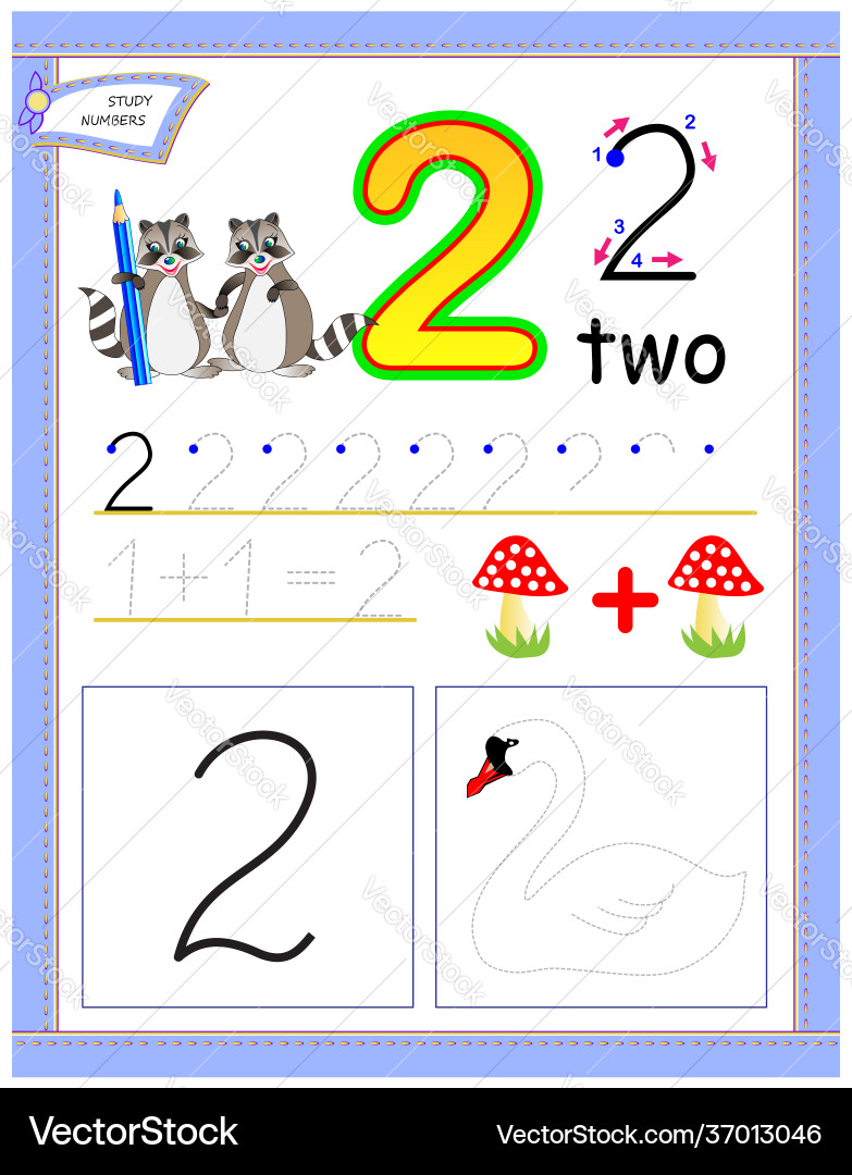 Educational page for kids with number 2 draw Vector Image