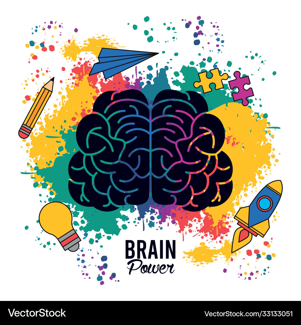 Brain power poster with colors splash and set Vector Image