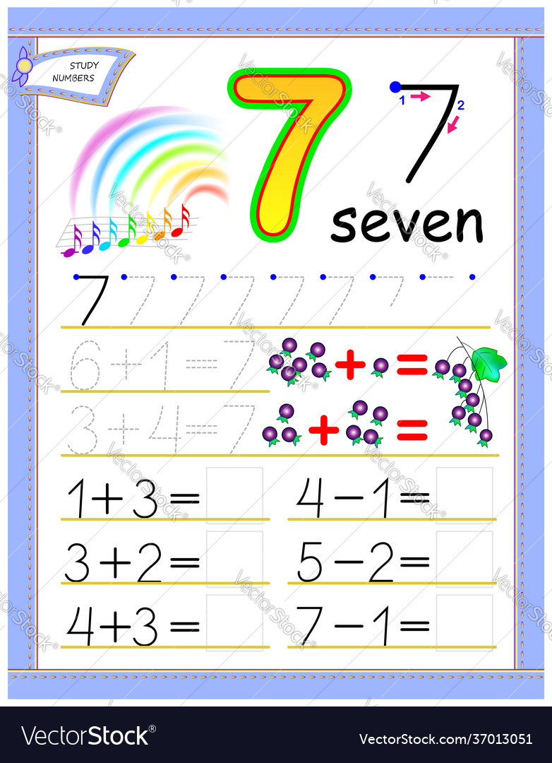Educational page for kids with number 7 solve Vector Image