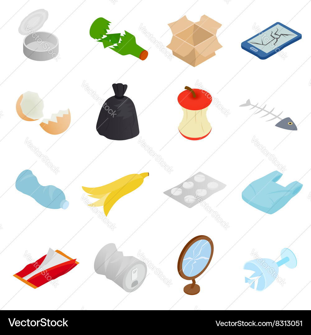 Waste and garbage icons set isometric 3d style Vector Image