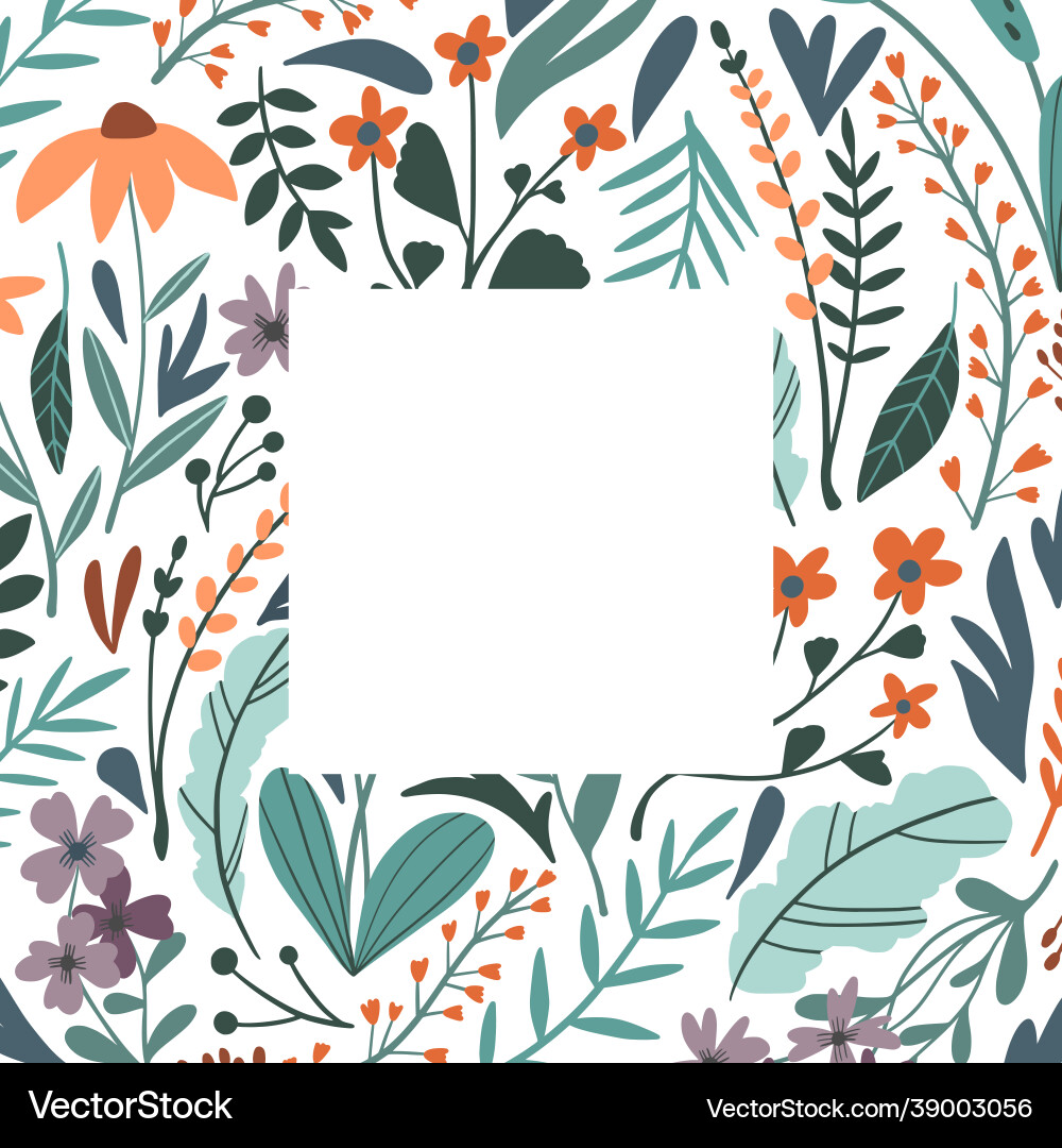 Square geometric frame with wild flowers branch Vector Image