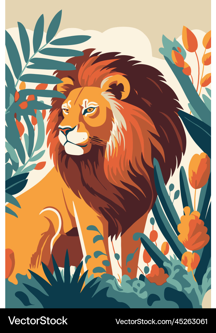 Lion wild animal on leaf background flat color Vector Image