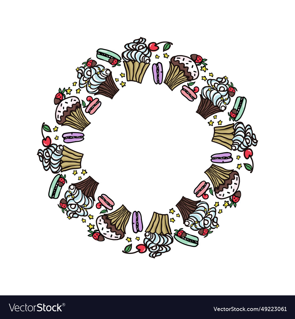 Sweet cake circle frame with desserts macaroon Vector Image