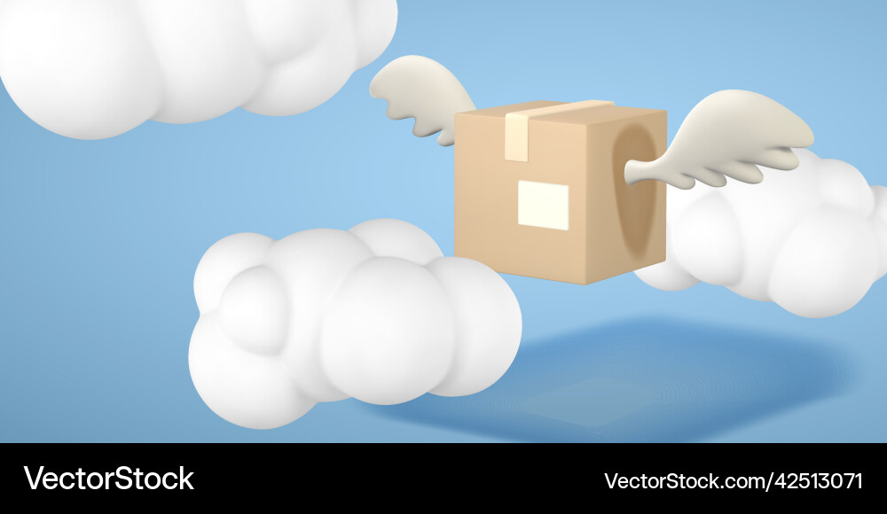 3d flying cardboard box with wings in the clouds Vector Image