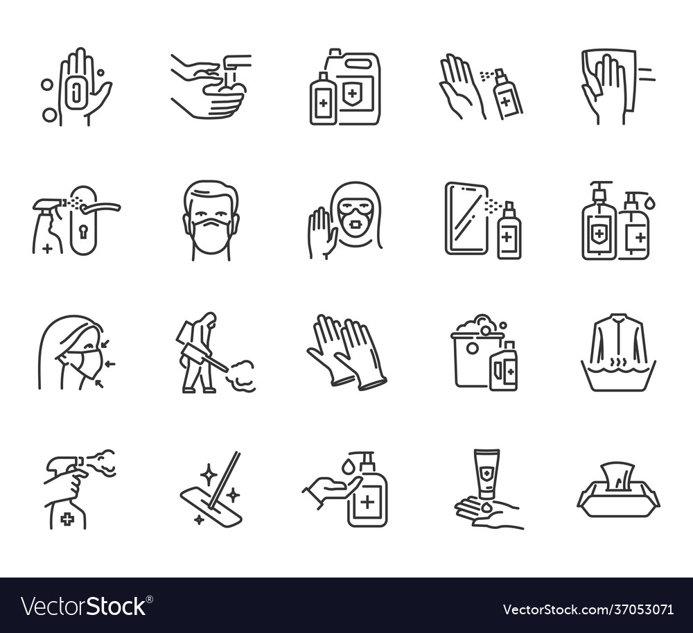 Disinfection And Cleaning Linear Icons Set Vector Image