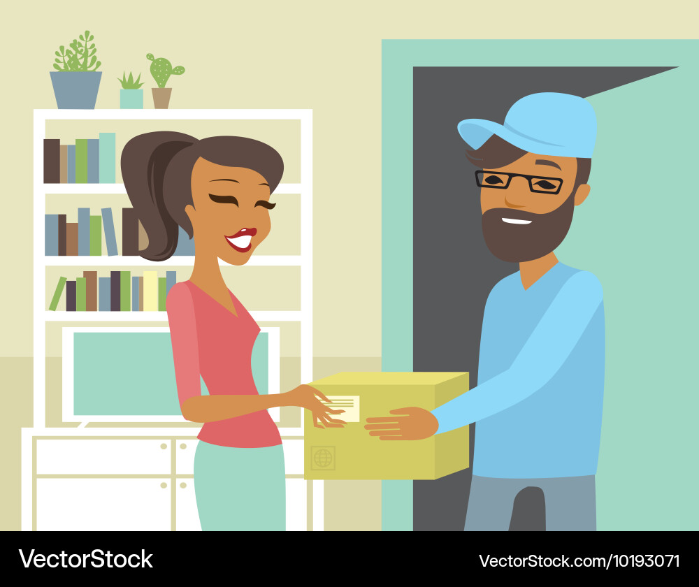 Happy woman receiving package from courier Vector Image