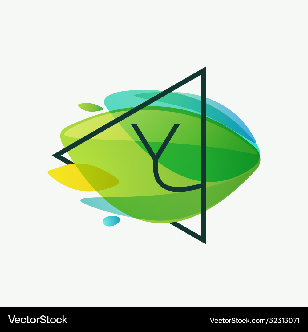 Y letter logo in triangle frame at green leaves Vector Image