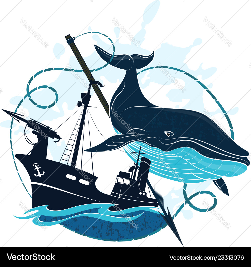 Whaler at sea and whale Royalty Free Vector Image