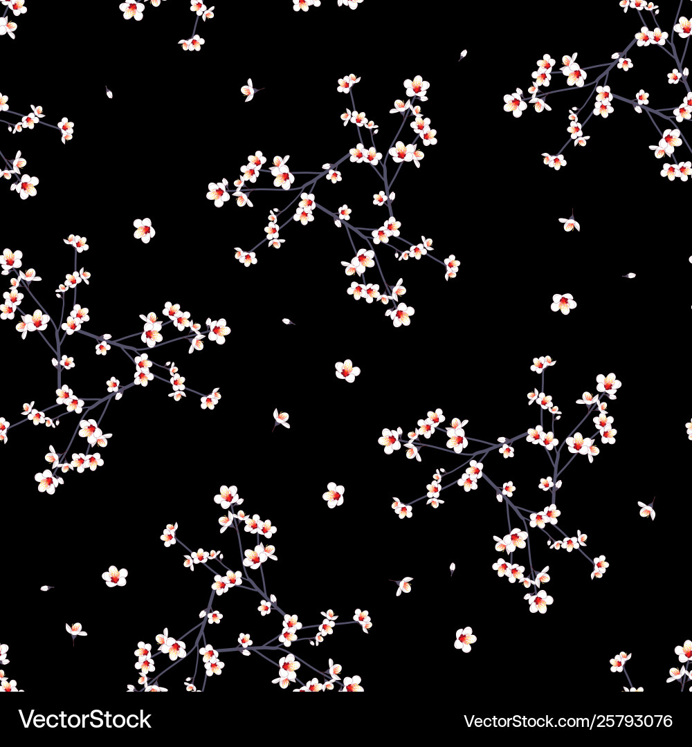 White momo peach flower seamless on black Vector Image