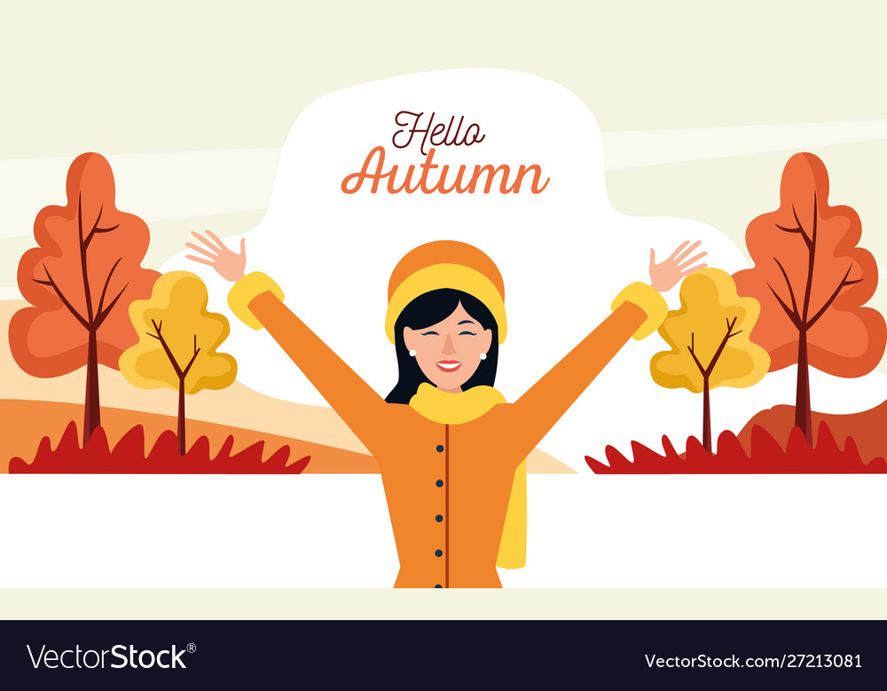 Hello autumn season scene with happy girl Vector Image