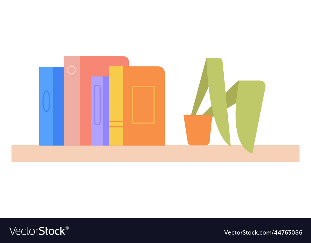 Wooden shelf with books and green plant wall Vector Image