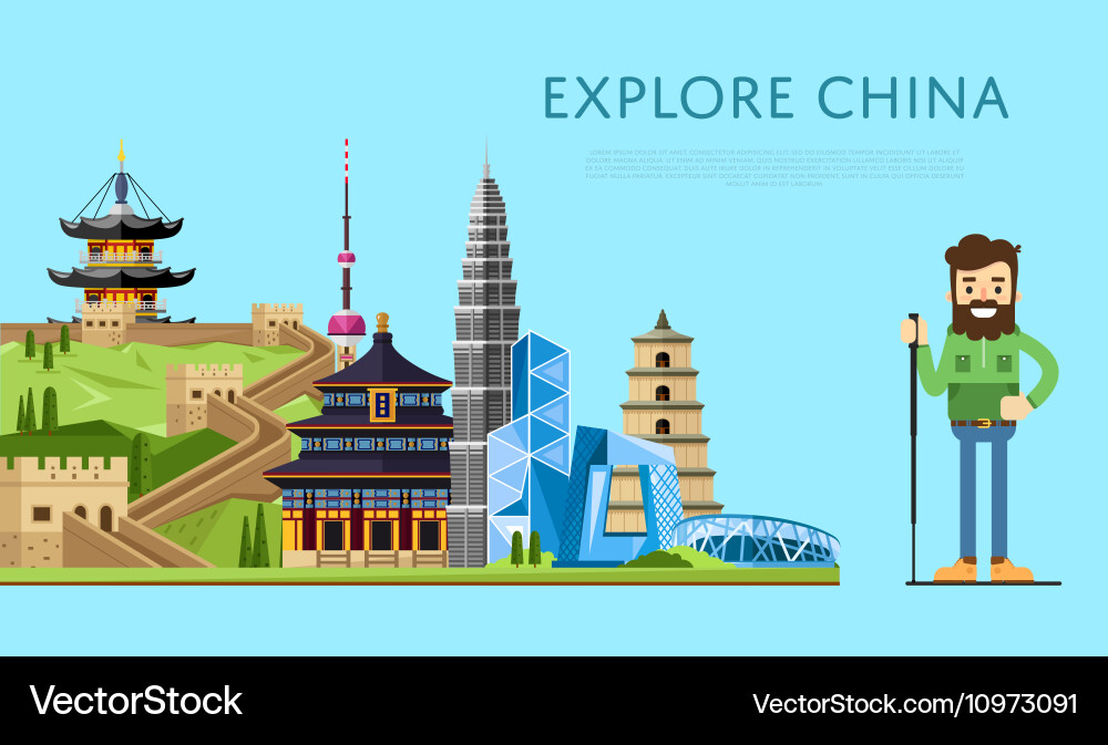 Explore china banner with smiling tourist Vector Image