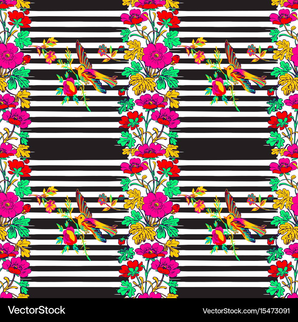Seamless exotic bird flying and botanical border Vector Image