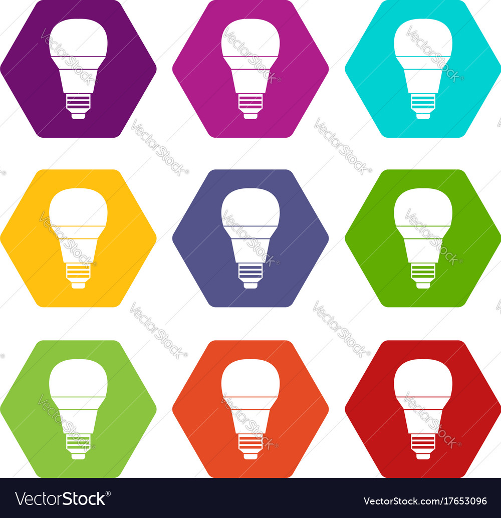 Glowing led bulb icon set color hexahedron Vector Image