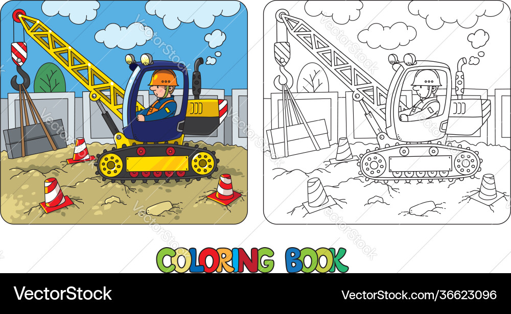 Mobile truck crane with a driver coloring book Vector Image