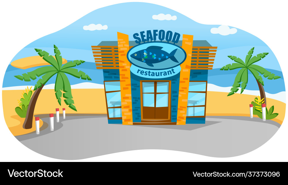Oceanfront seafood restaurant on beach coastline Vector Image