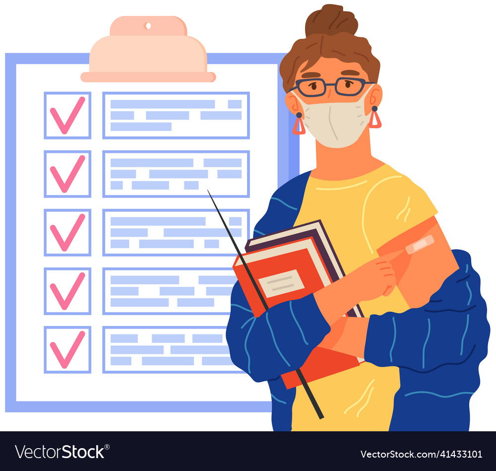 Female teacher wearing protective mask showing her