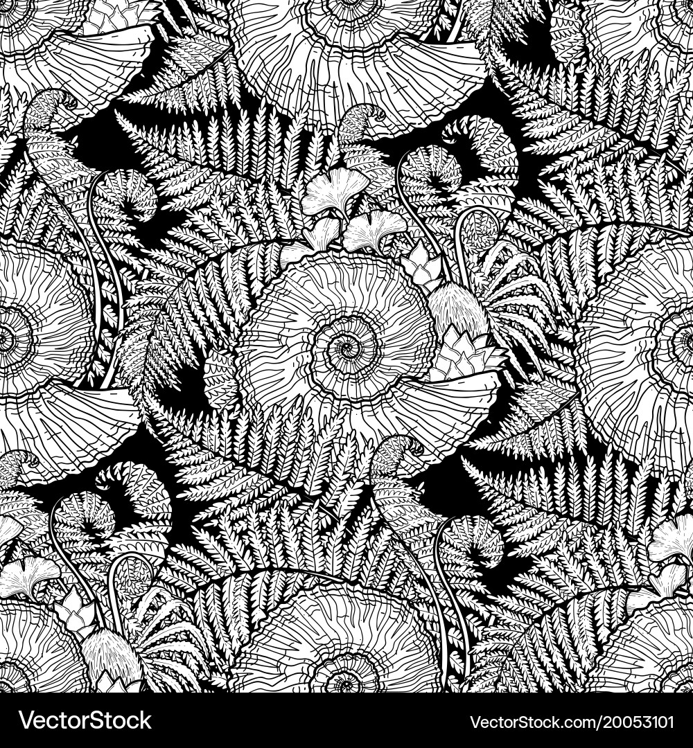 Prehistoric graphic seashell and fern branches Vector Image