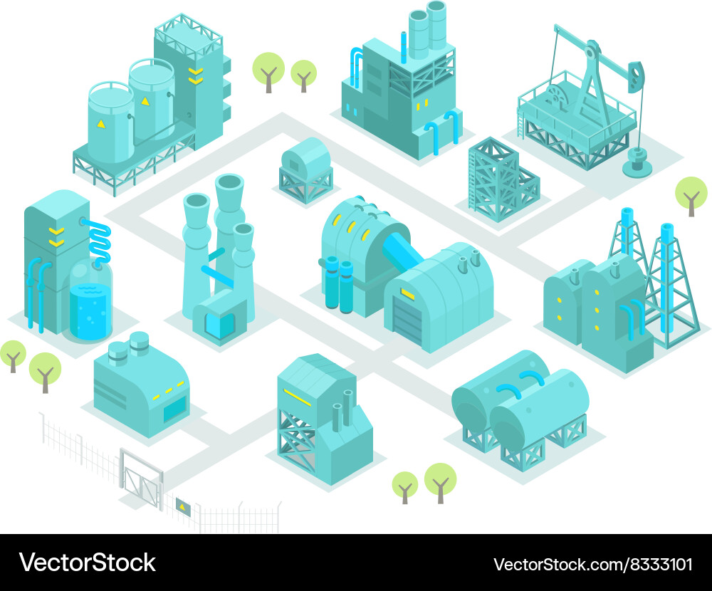Set factory isometric oil production Royalty Free Vector
