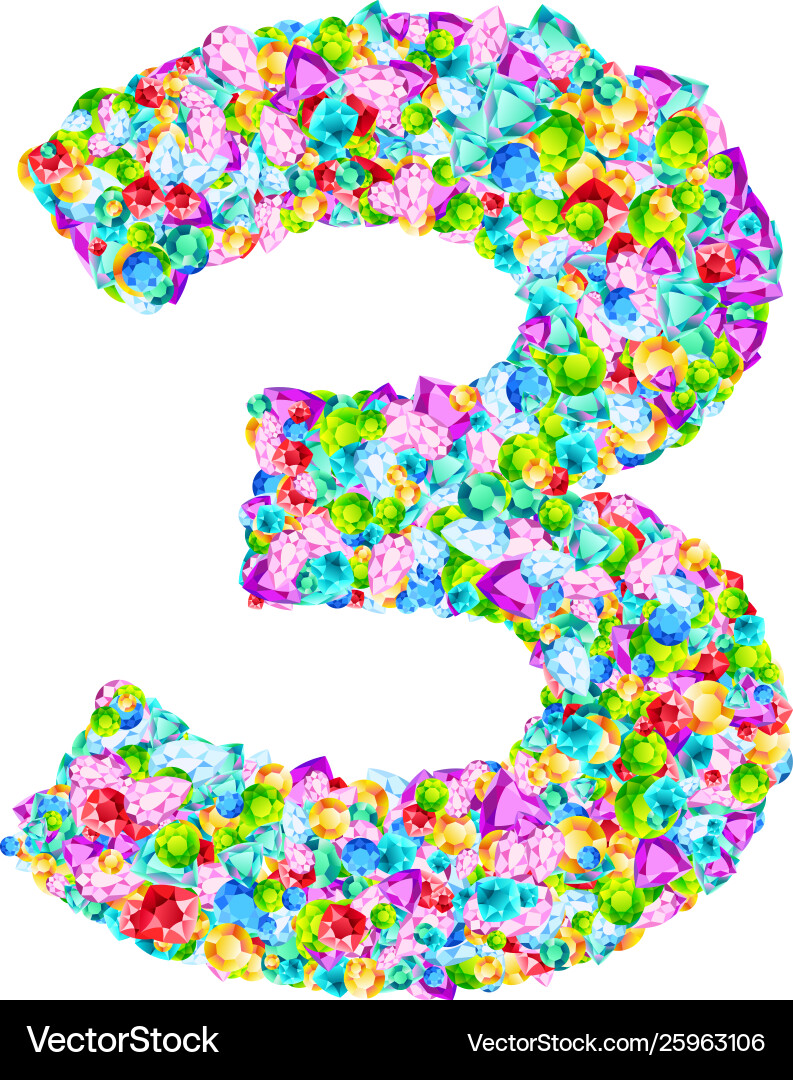 Colorful gem stones font numeral 3 Royalty Free Vector Image