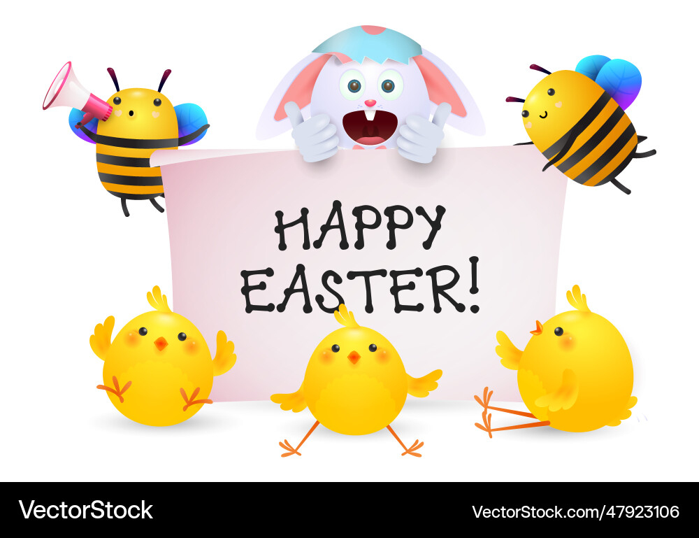 Happy easter lettering with rabbit bees Royalty Free Vector