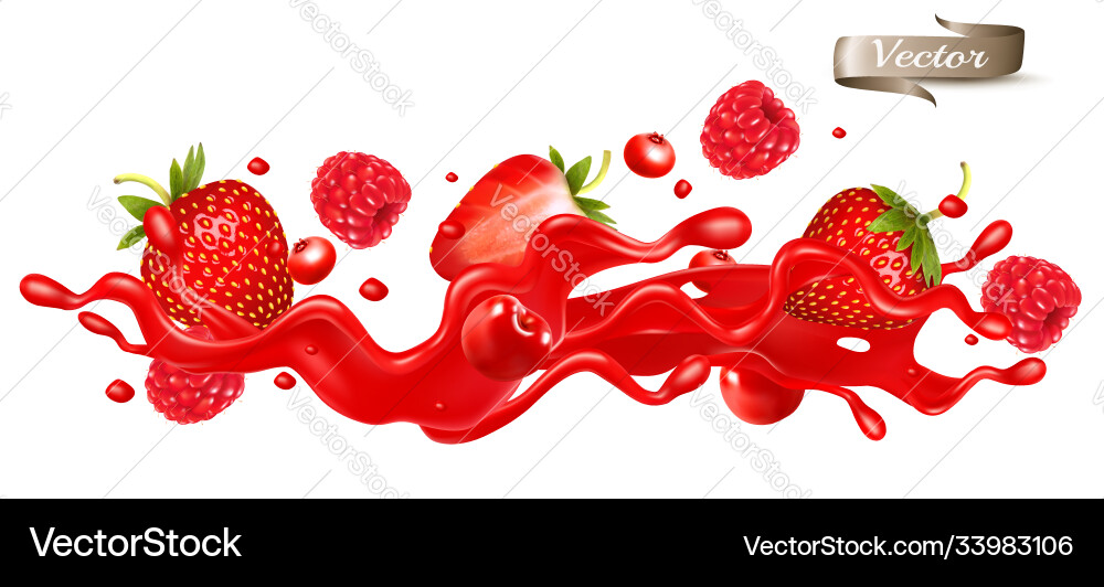 Red berry juice splash wave whole and sliced Vector Image