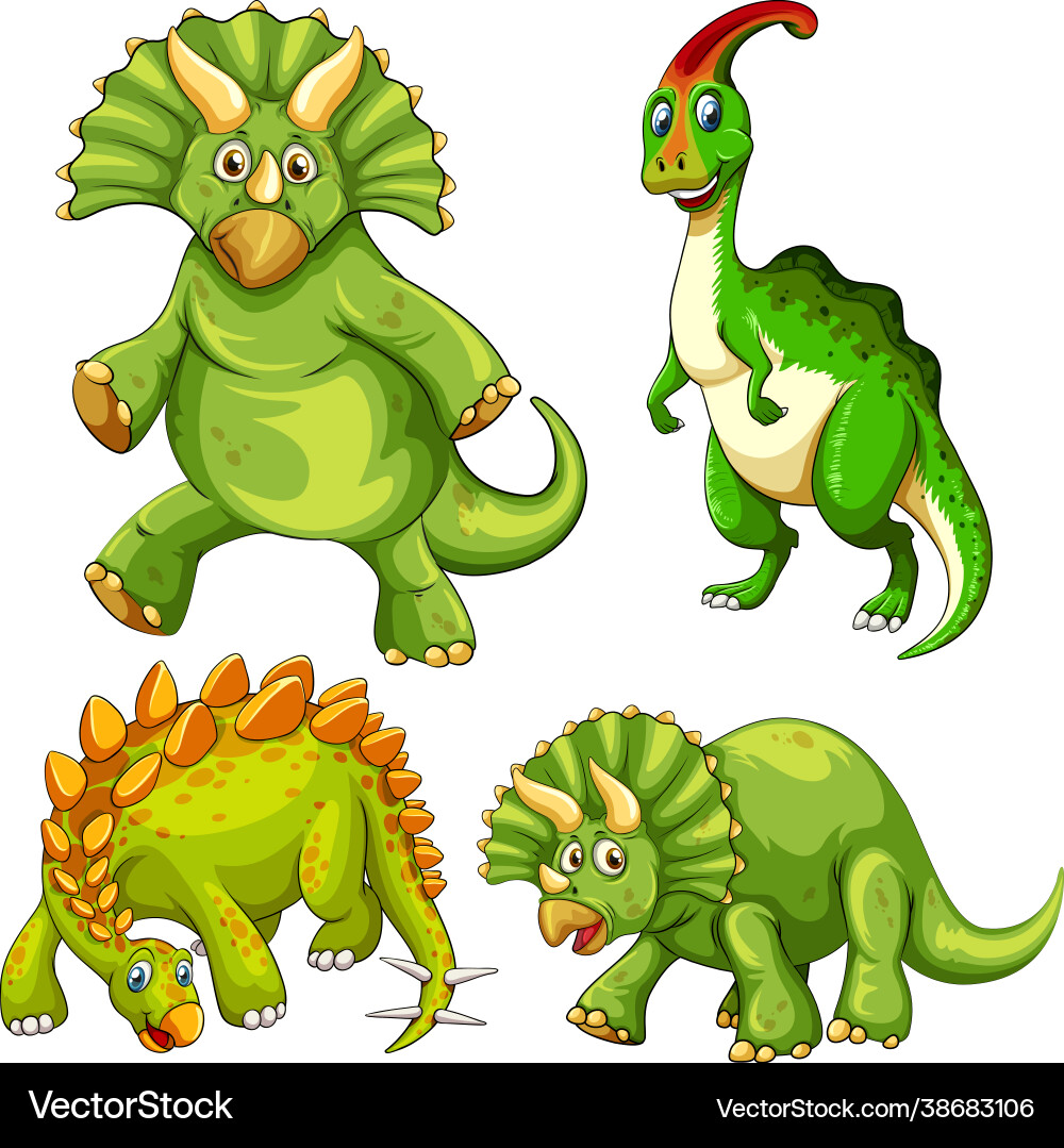 Set green dinosaur cartoon character Royalty Free Vector