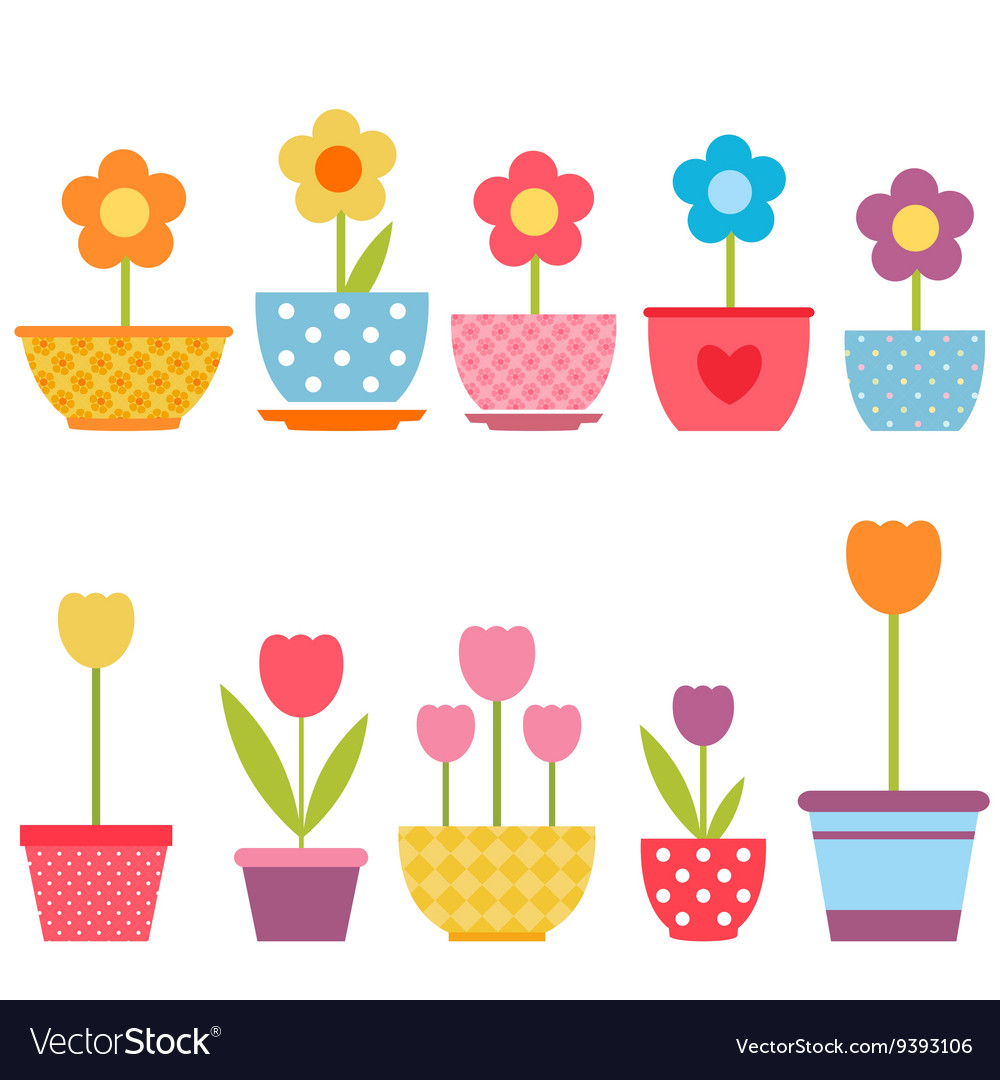 Set of colorful flowers in pots Royalty Free Vector Image