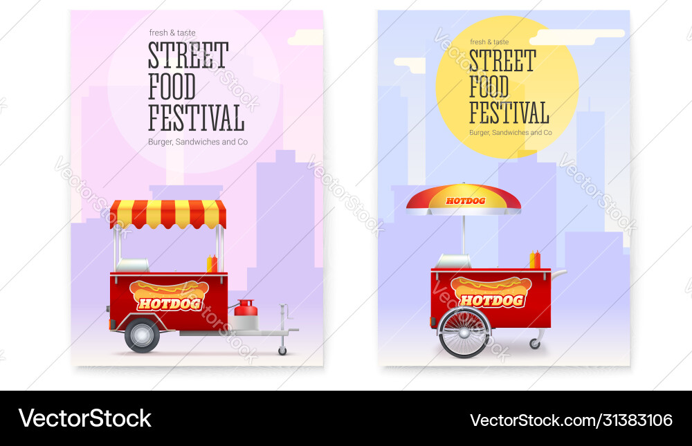 Set posters with red fast food cart on backdrop Vector Image