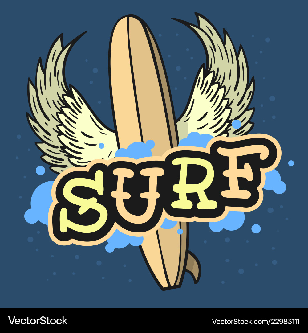 Surfing surf themed longboard with wings hand Vector Image