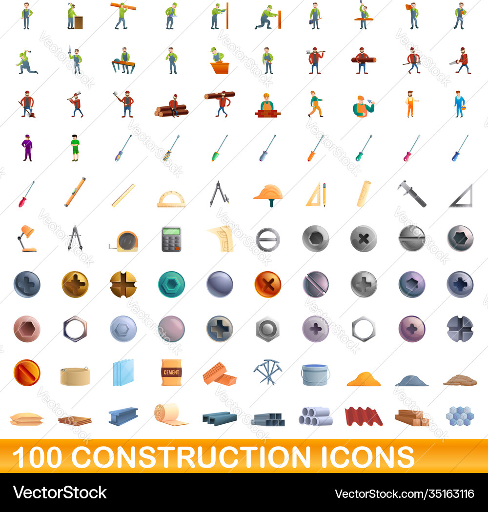 100 construction icons set cartoon style Vector Image