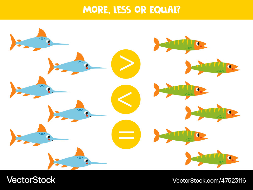 More less or equal with cartoon cute swordfish Vector Image