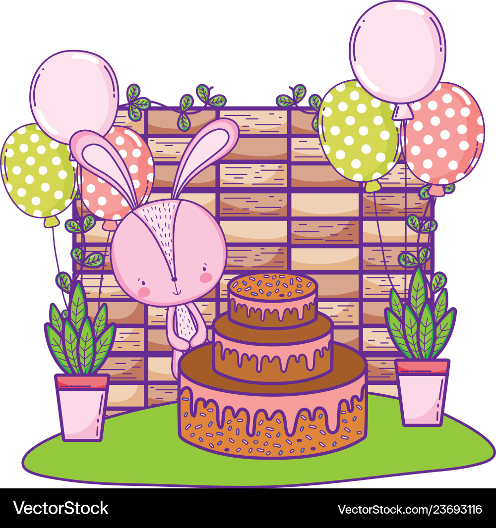 Rabbit with sweet cake and balloons Royalty Free Vector