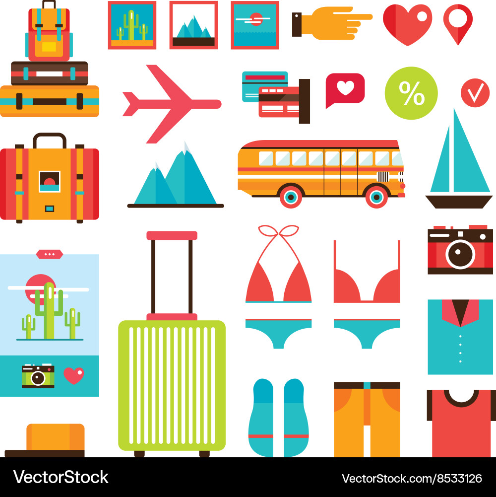 Tourism vacation summer trip icon collection Vector Image