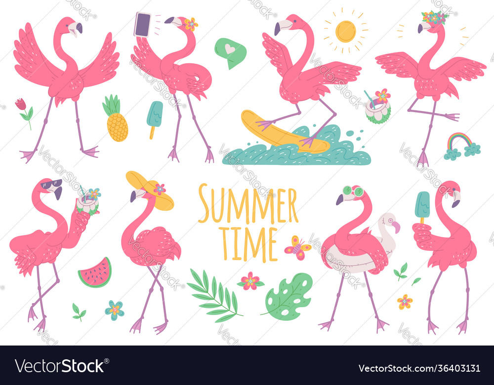 Pink flamingos summer set with with ice cream Vector Image