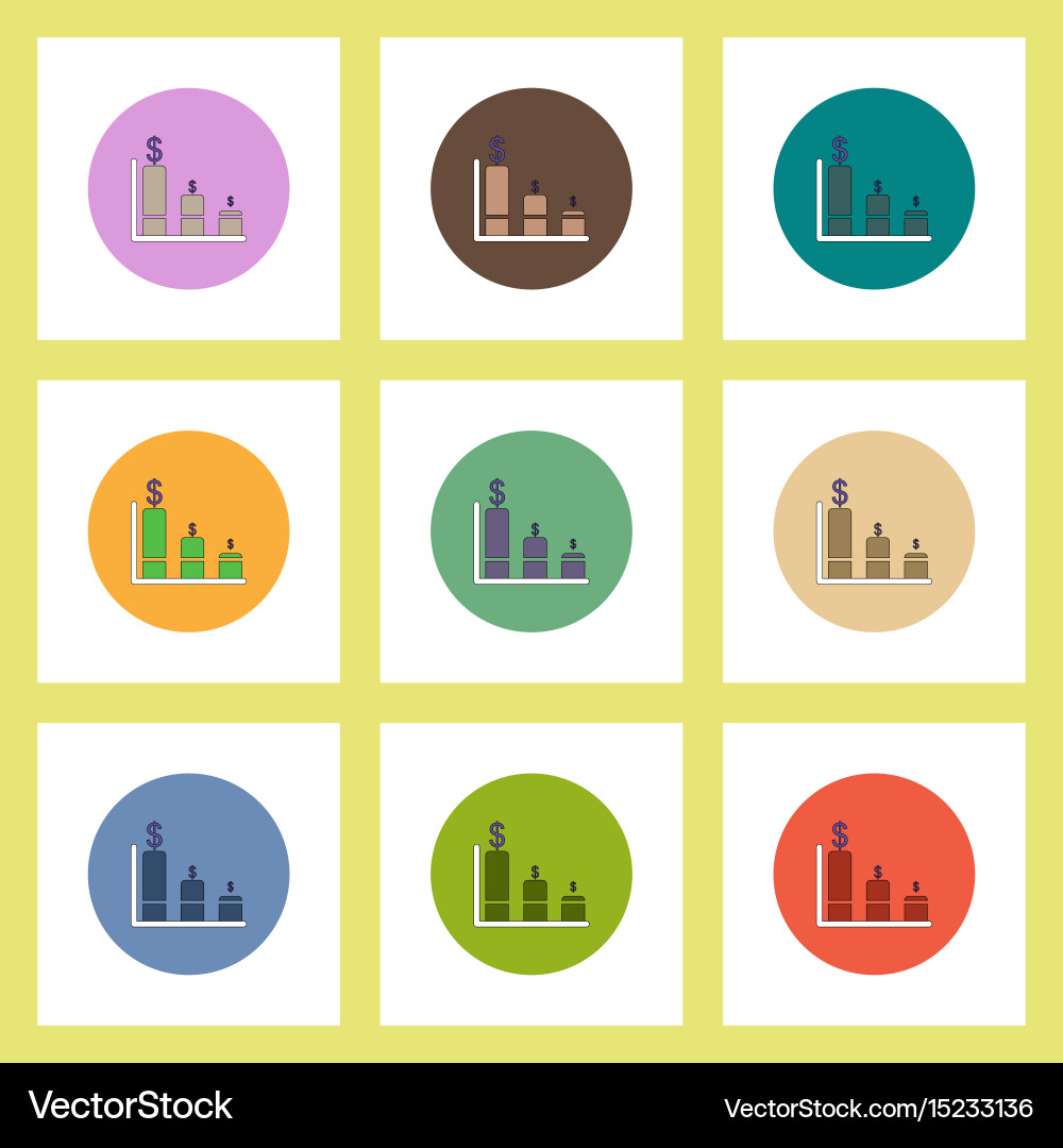 Flat icons set of column chart and dollar emblem Vector Image