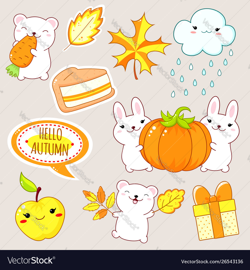 Hello autumn set stickers with cute animals Vector Image
