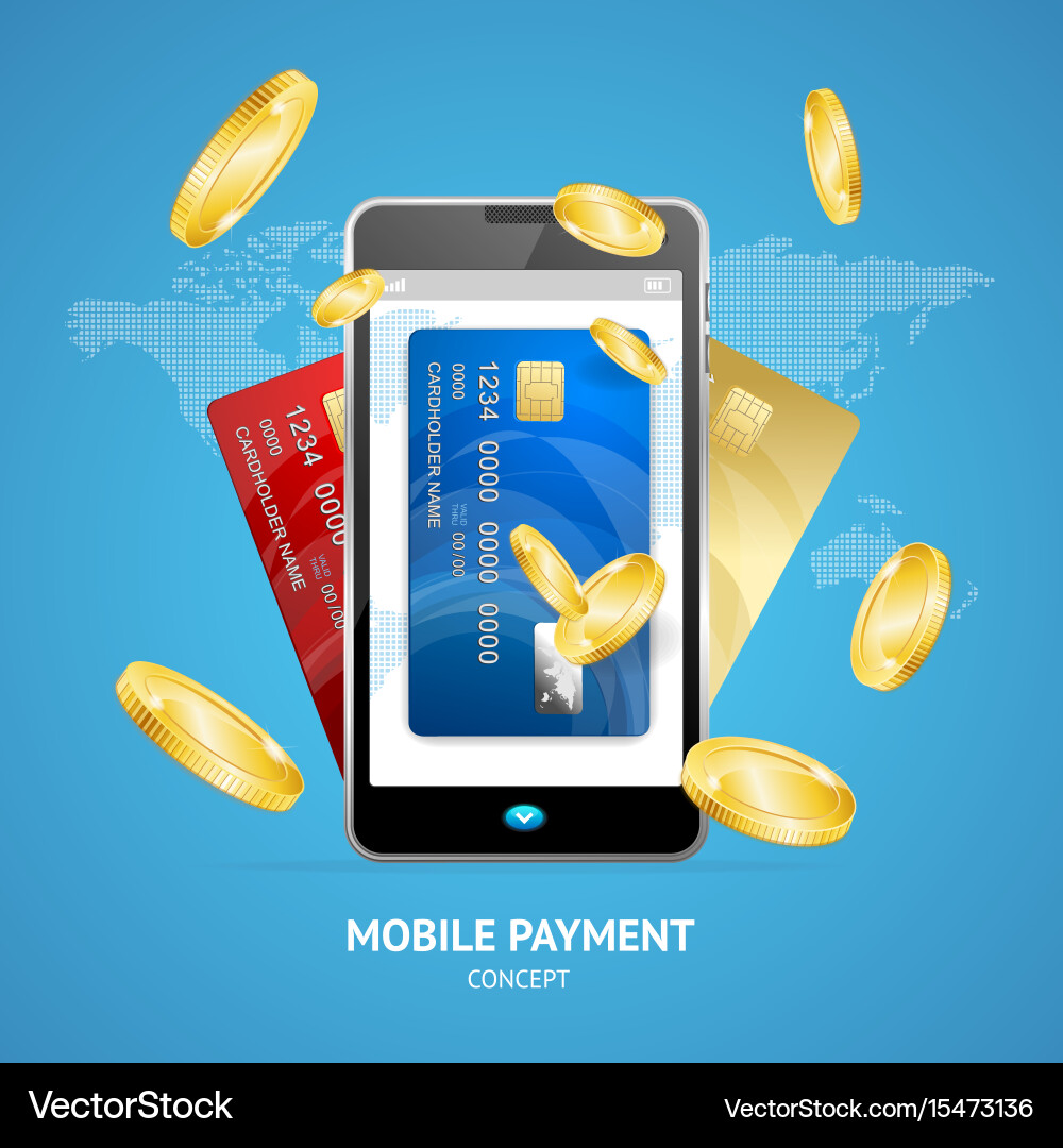 Realistic mobile phone payment concept with credit