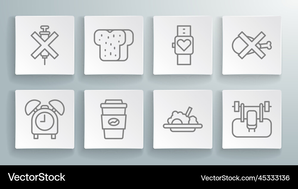Set line alarm clock bread toast coffee cup go Vector Image