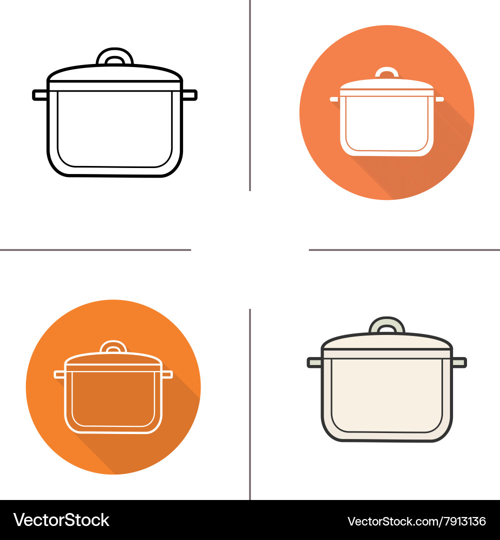 Stew pot flat design linear and color icons set Vector Image