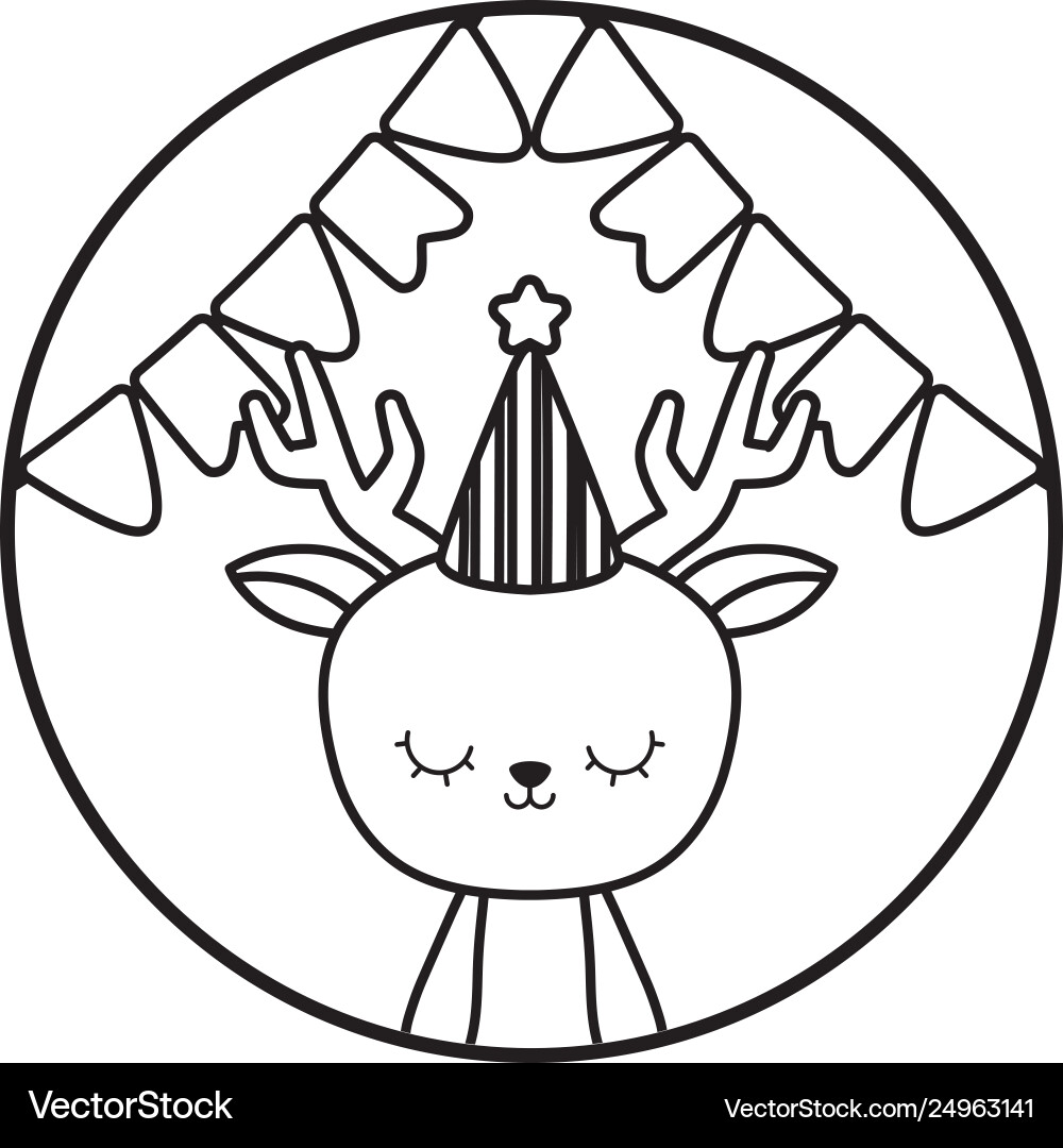 Cute reindeer with hat party in frame circular Vector Image
