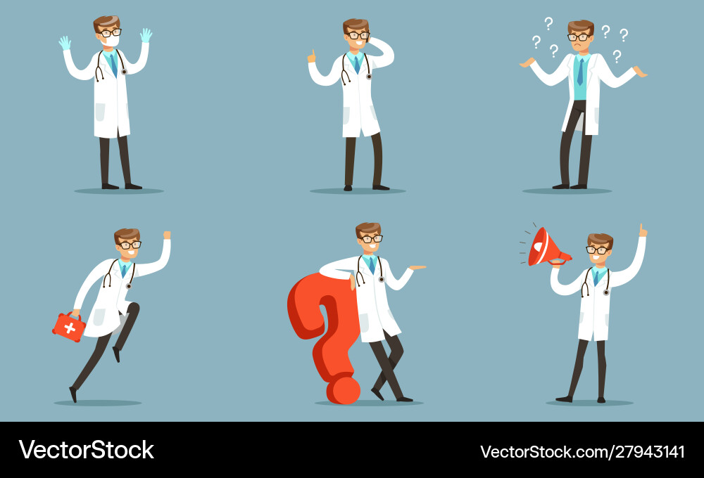 Doctor character in different actions pondering a Vector Image