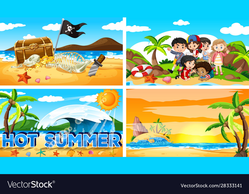 Four background scenes with summer on beach Vector Image